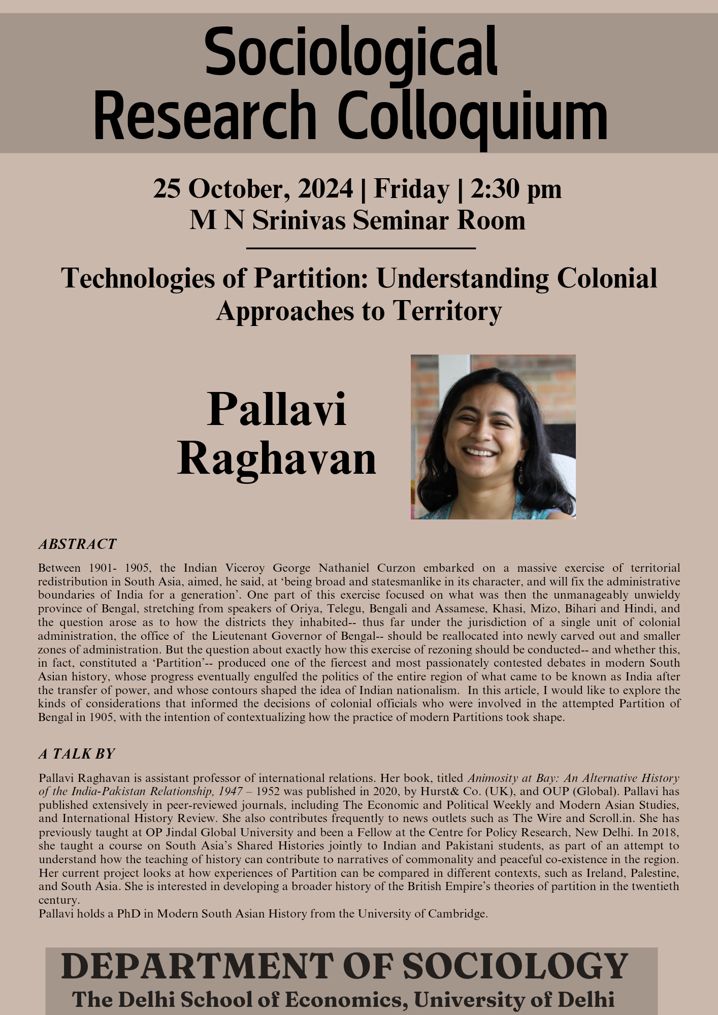 FRIDAY RESEARCH COLLOQUIUM: 2.30 p.m. 25th October 2024. Dr. Pallavi ...