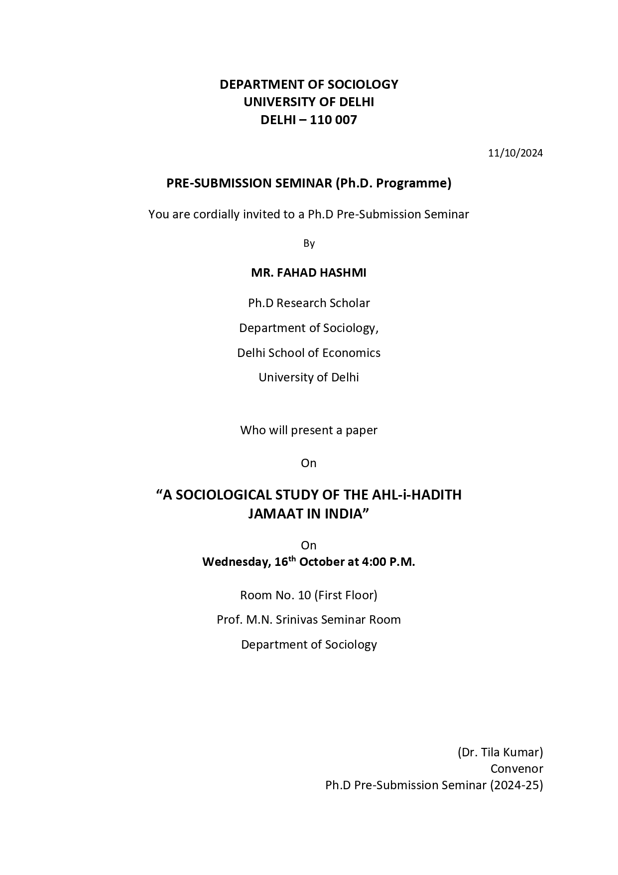 Ph.D. Pre-Submission Seminar: Fahad Hashmi “A Sociological Study of the ...
