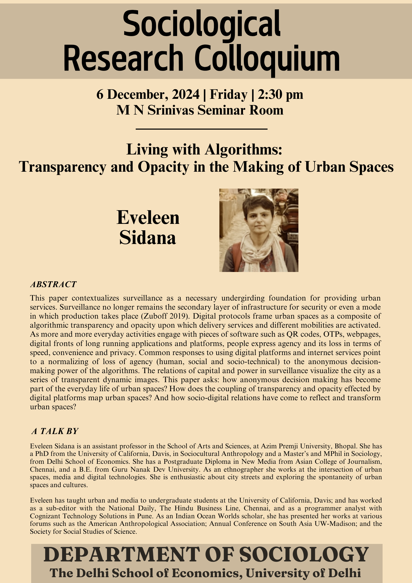 FRIDAY RESEARCH COLLOQUIUM: 2.30 p.m. 6th December 2024. Dr. Eveleen ...